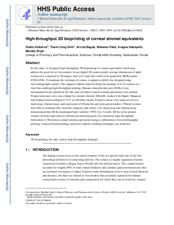 (PDF) High‐throughput 3D bioprinting of corneal stromal equivalents