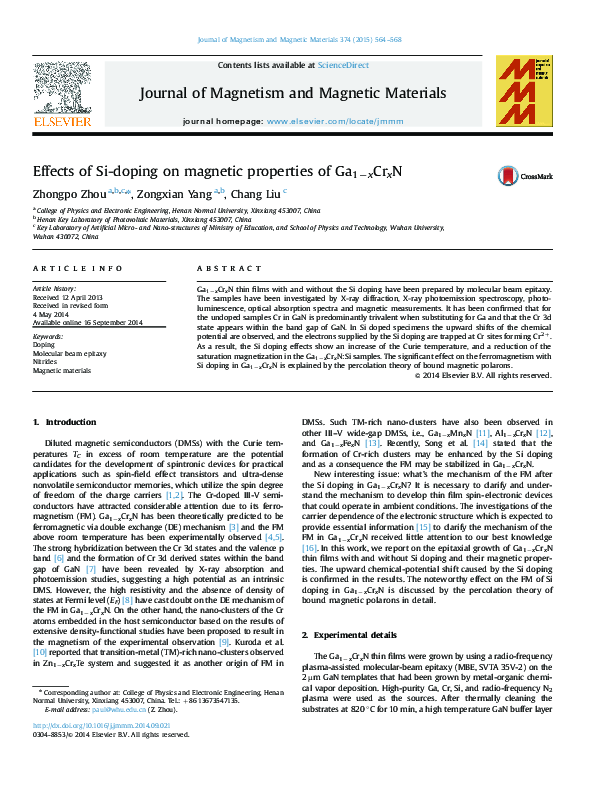 (PDF) Effects of Si-doping on magnetic properties of Ga1−xCrxN