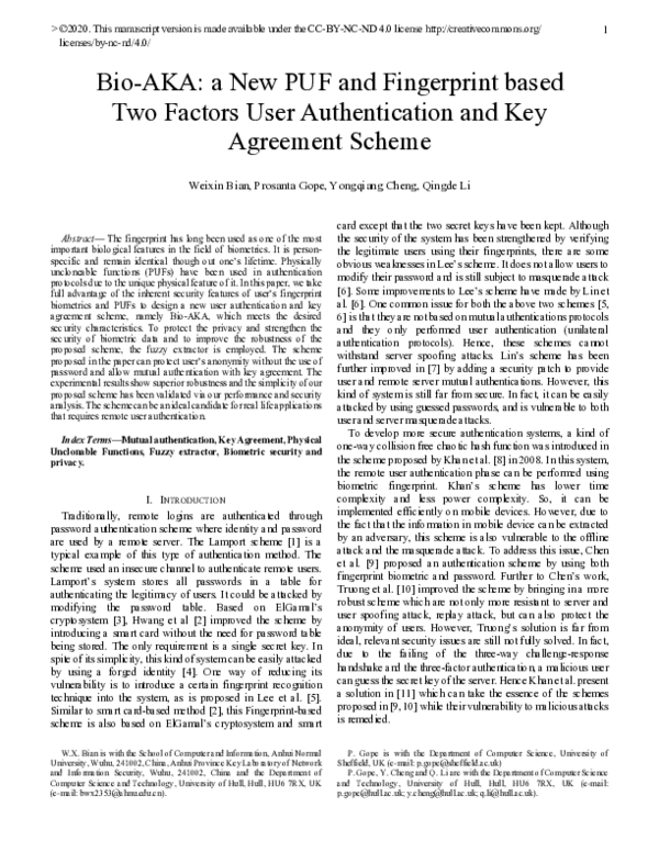 (PDF) Bio-AKA: An efficient fingerprint based two factor user ...