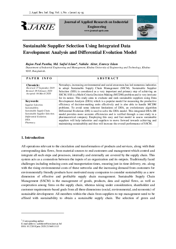 (PDF) Sustainable supplier selection using integrated data envelopment analysis and differential ...