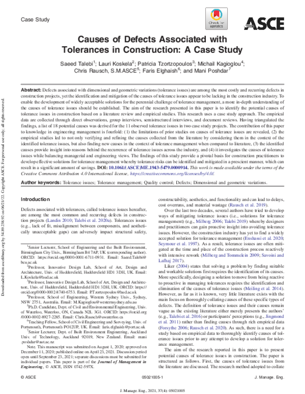 (PDF) Causes of Defects Associated with Tolerances in Construction: A ...