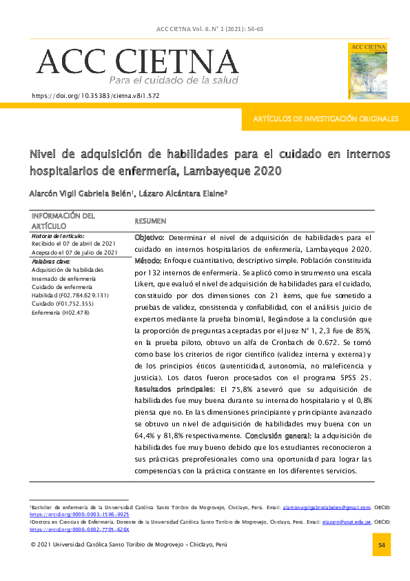 (PDF) Nivel de adquisición de habilidades para el cuidado en internos ...