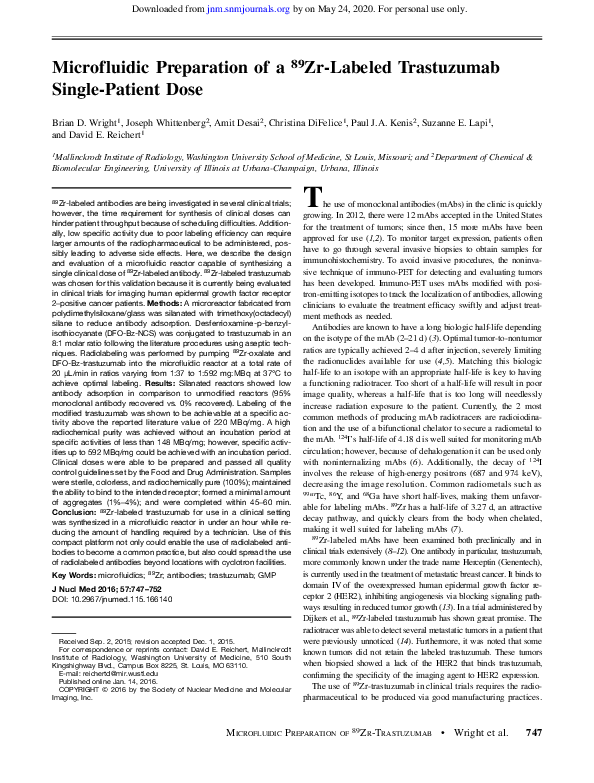 (PDF) Microfluidic Preparation of an 89Zr-Labeled Trastuzumab Single ...
