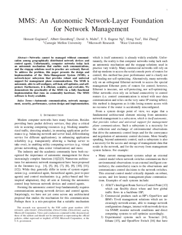 (PDF) MMS: An autonomic network-layer foundation for network management | Albert Greenberg ...