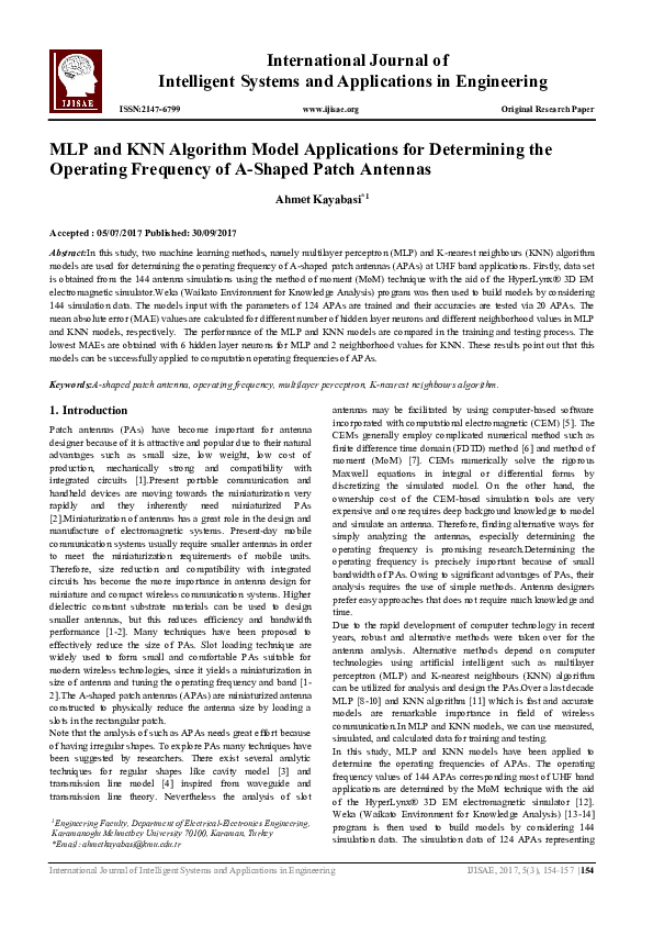 Pdf Mlp And Knn Algorithm Model Applications For Determining The Operating Frequency Of A 0787
