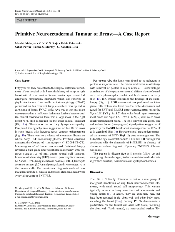 Pdf Primitive Neuroectodermal Tumour Of Breast A Case Report