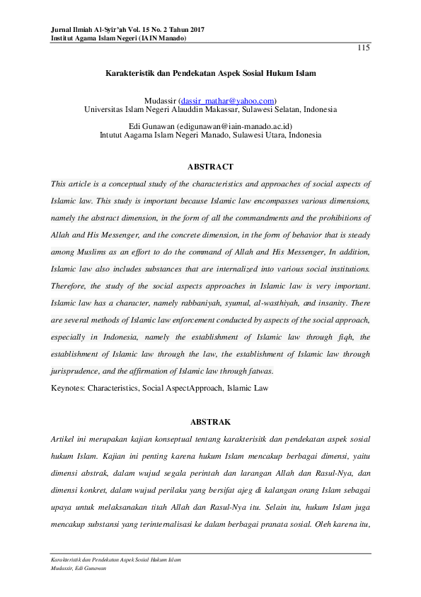 (PDF) Karakteristik dan Pendekatan Aspek Sosial Hukum Islam | Edi Gunawan - Academia.edu