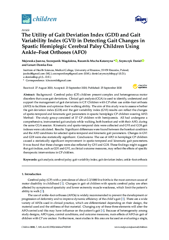 Pdf The Utility Of Gait Deviation Index Gdi And Gait Variability Index Gvi In Detecting