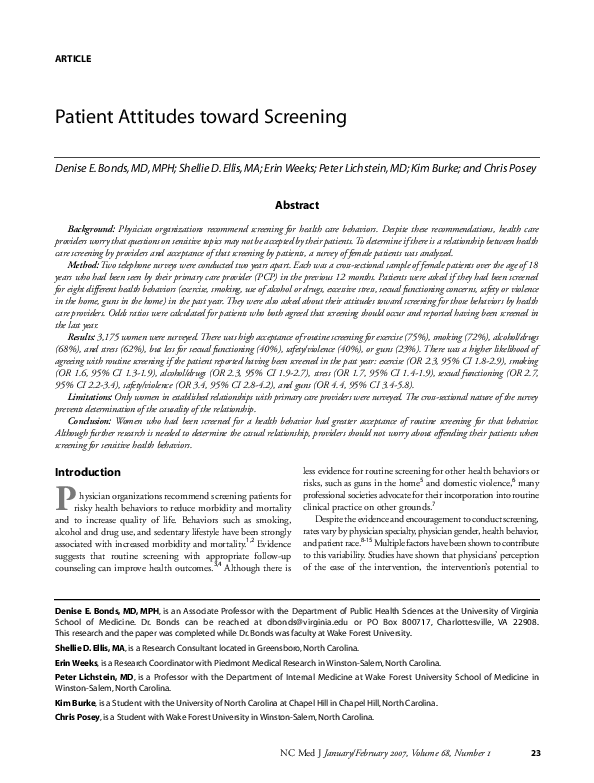 (PDF) Patient Attitudes toward Screening | Erin Weeks - Academia.edu