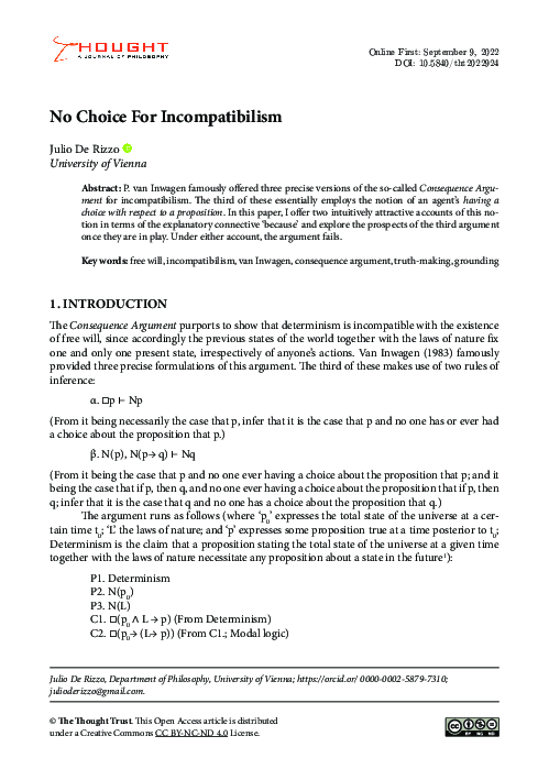 (PDF) No Choice For Incompatibilism