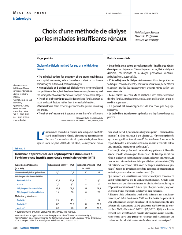 (PDF) Choix d’une méthode de dialyse par les malades insuffisants rénaux | O. Kourilsky ...