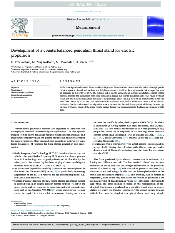 (PDF) Development of a counterbalanced pendulum thrust stand for ...