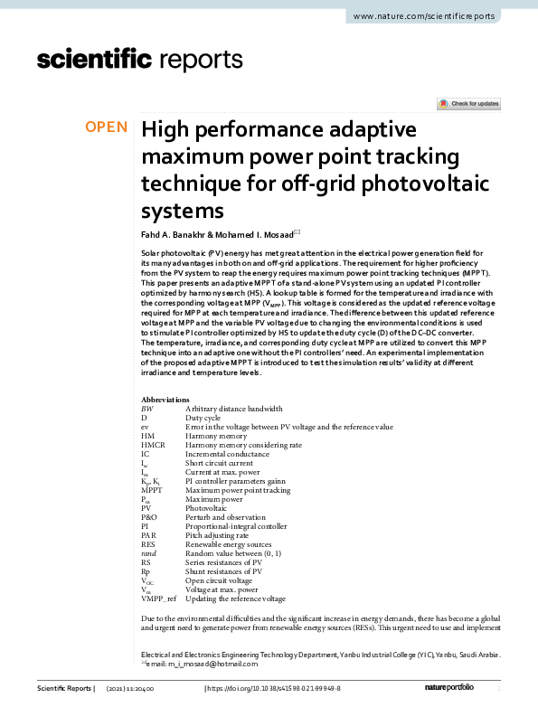 (PDF) High performance adaptive maximum power point tracking technique ... (PDF) High performance adaptive maximum power point tracking technique ...