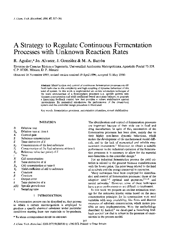 (PDF) A Strategy to Regulate Continuous Fermentation Processes with ...
