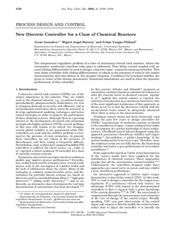(PDF) New Discrete Controller for a Class of Chemical Reactors