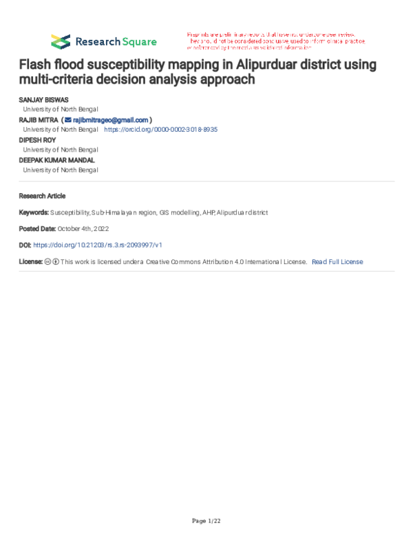 (PDF) Flash flood susceptibility mapping in Alipurduar district using multi-criteria decision ...