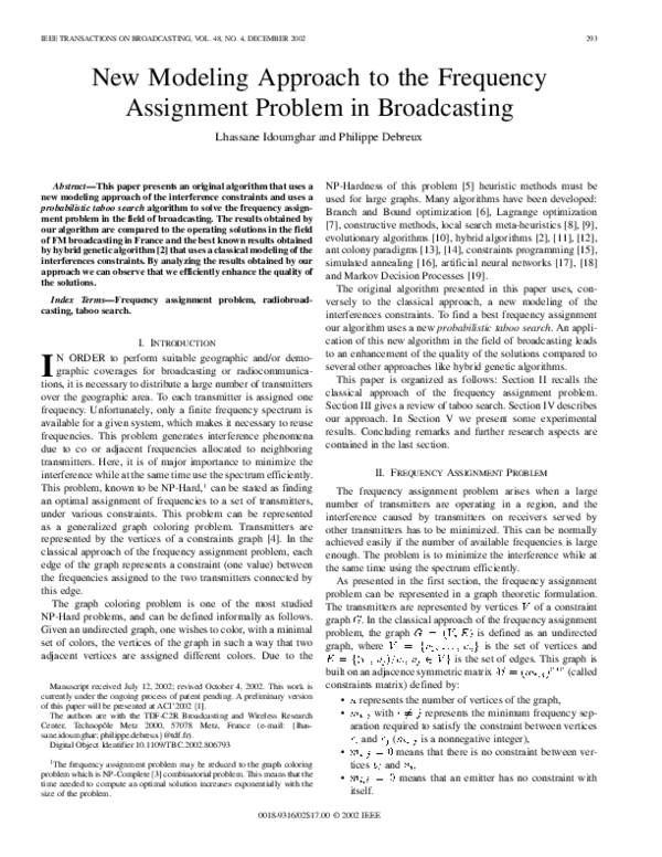 (PDF) New modeling approach to the frequency assignment problem in broadcasting