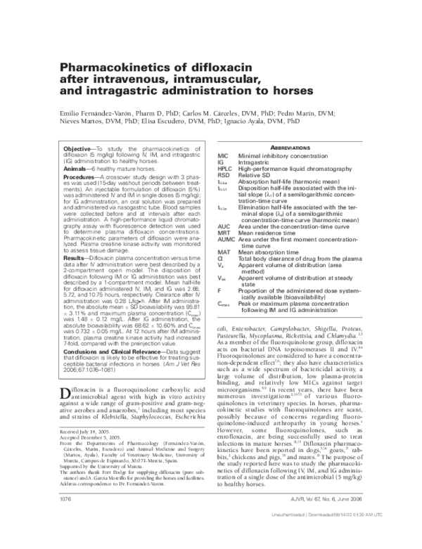(PDF) Pharmacokinetics of difloxacin after intravenous, intramuscular ...