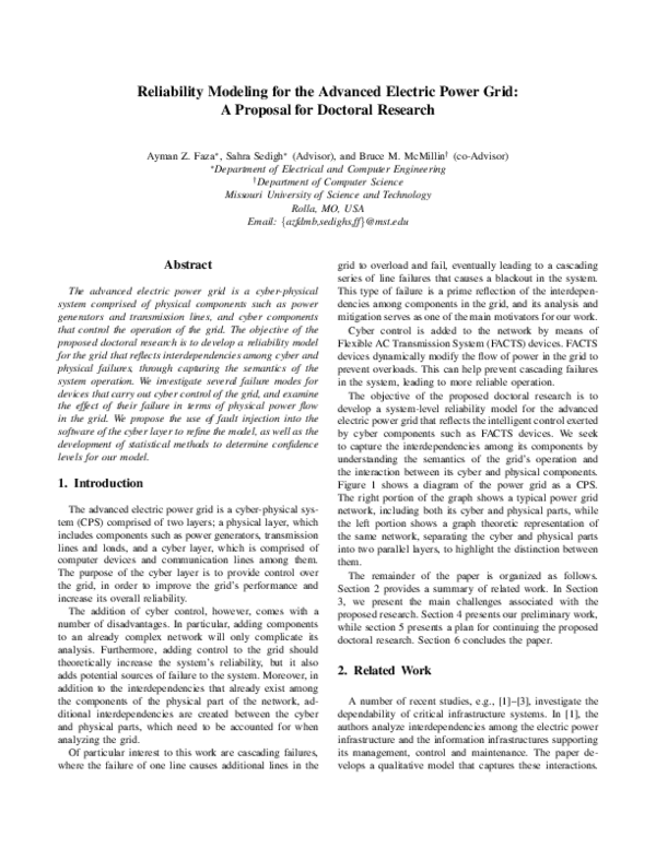 (PDF) Reliability Modeling for the Advanced Electric Power Grid: A Proposal for Doctoral Research