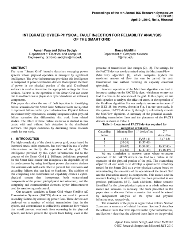 Pdf Integrated Cyber Physical Fault Injection For Reliability Analysis Of The Smart Grid
