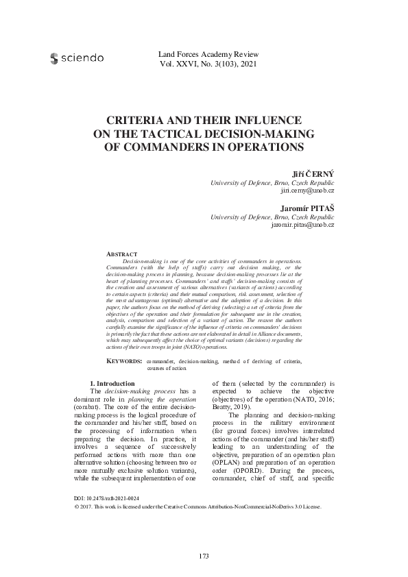 (PDF) Criteria and their Influence on the Tactical Decision-Making of ...