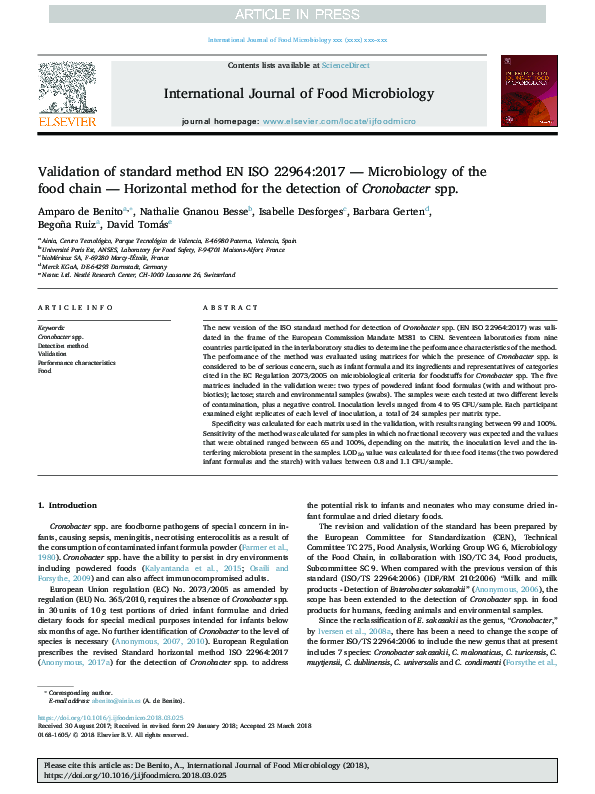 (PDF) Validation of standard method EN ISO 22964:2017 - Microbiology of the food chain ...