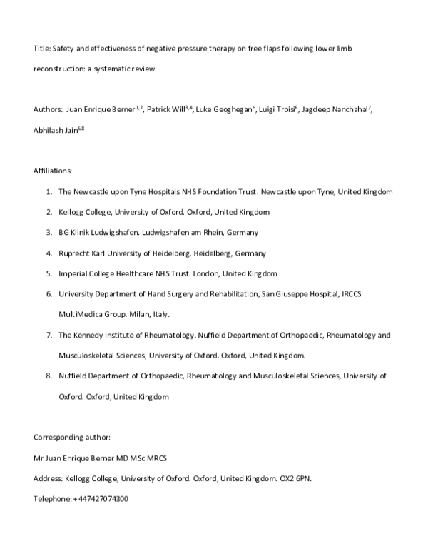 (PDF) Safety and effectiveness of negative pressure therapy on free flaps following lower limb ...