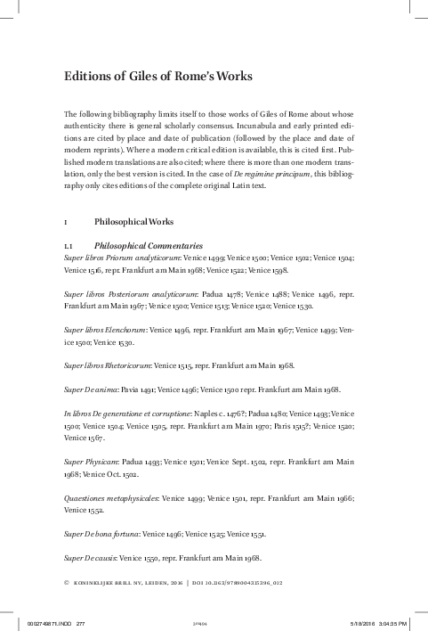 (PDF) Editions of Giles of Rome’s Works