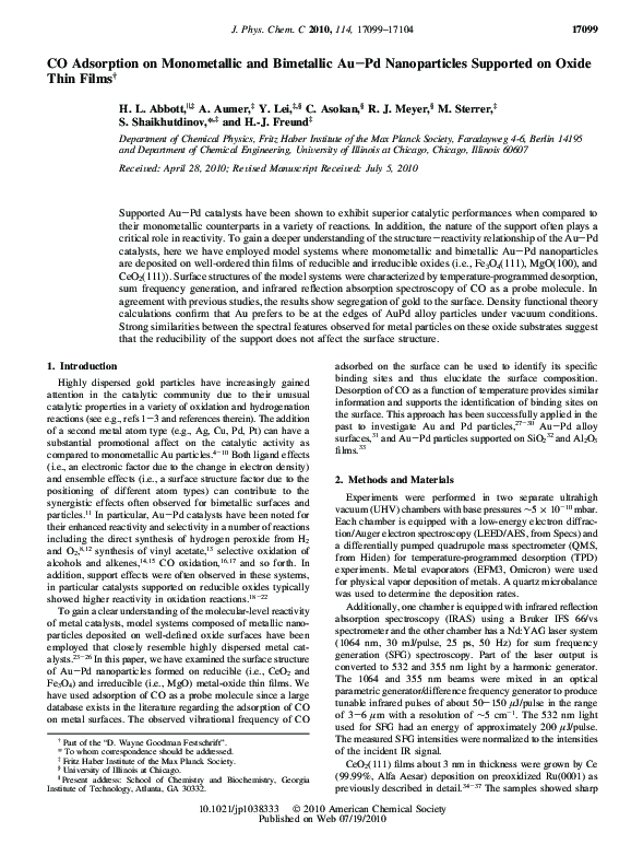 (PDF) CO Adsorption on Monometallic and Bimetallic Au−Pd Nanoparticles ...