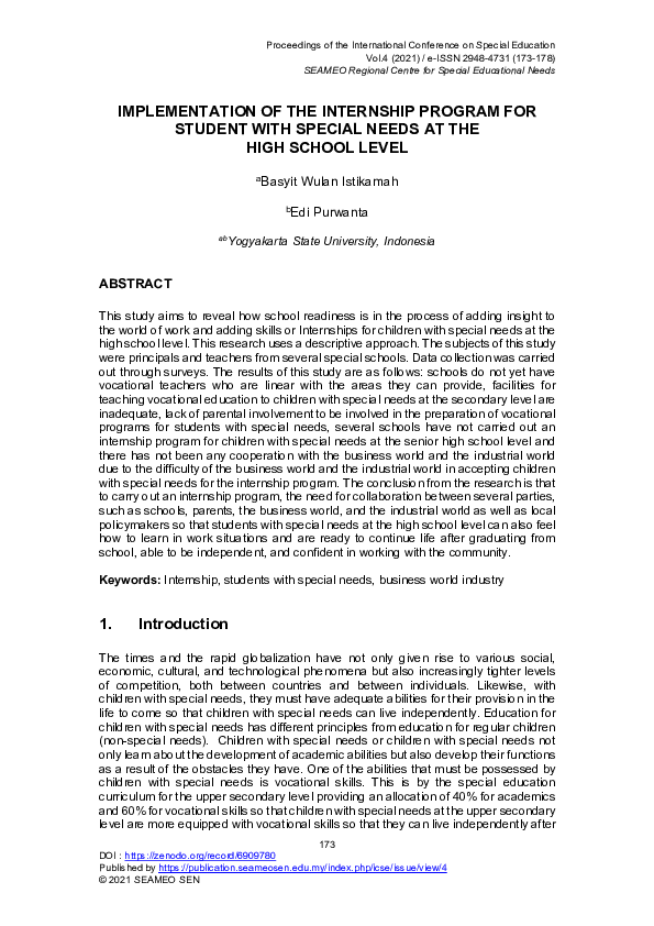 (PDF) Implementation of the Internship Program for Student with Special Needs at the High School ...
