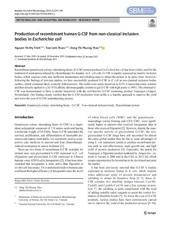 (PDF) Production of recombinant human G-CSF from non-classical ...