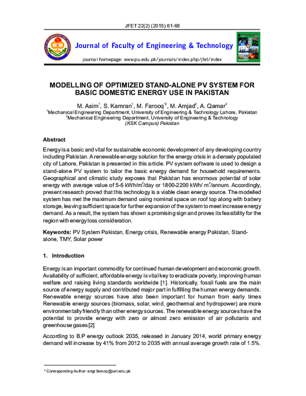 (PDF) Modelling of Optimized Stand-Alone PV System for Basic Domestic Energy Use in Pakistan