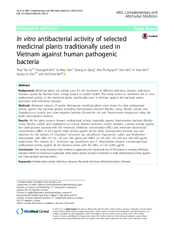 (PDF) In vitro antibacterial activity of selected medicinal plants traditionally used in Vietnam ...
