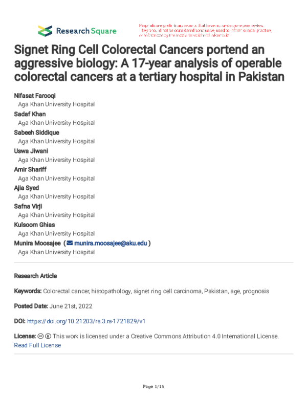 (PDF) Signet Ring Cell Colorectal Cancers portend an aggressive biology ...