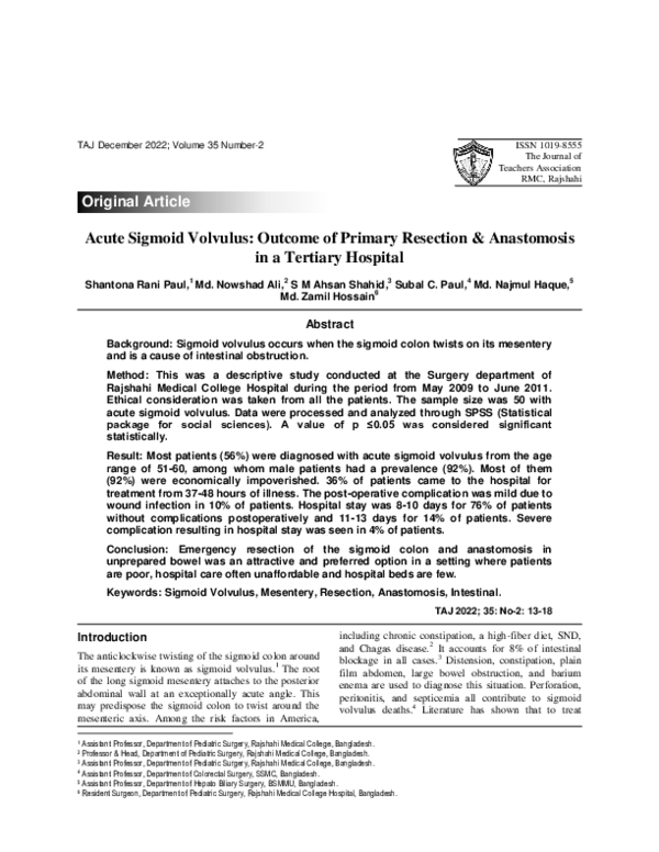 (PDF) Acute Sigmoid Volvulus: Outcome of Primary Resection ...
