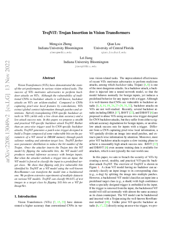 (PDF) TrojViT: Trojan Insertion in Vision Transformers