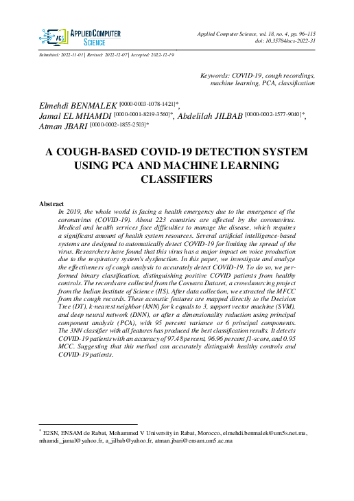 (PDF) A Cough-Based COVID-19 Detection System Using Pca and Machine Learning Classifiers