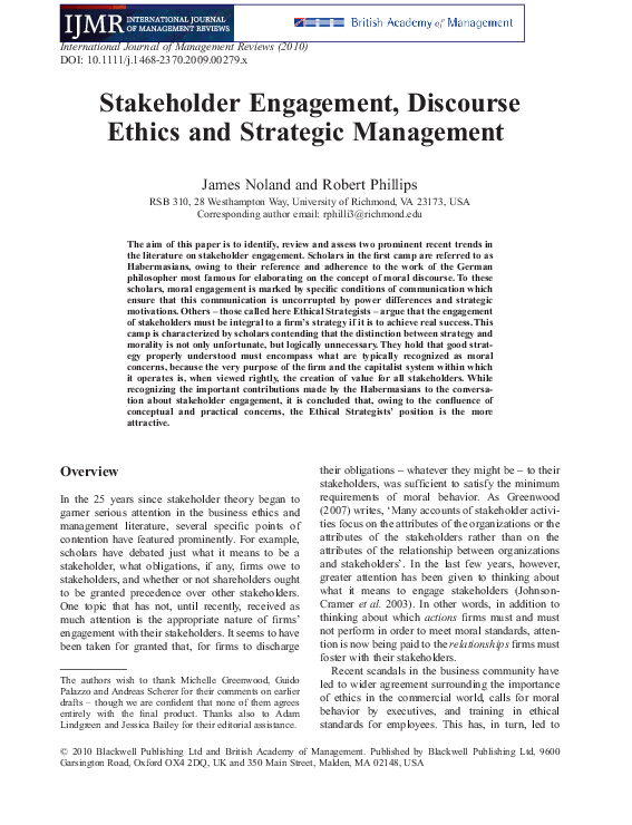 (PDF) Stakeholder Engagement, Discourse Ethics and Strategic Management