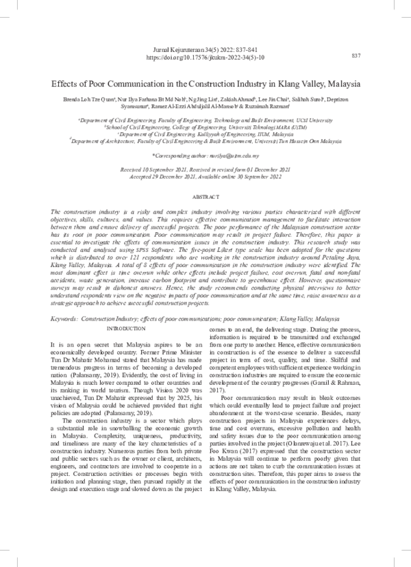 Effects of Poor Communication in the Construction Industry in Klang ...