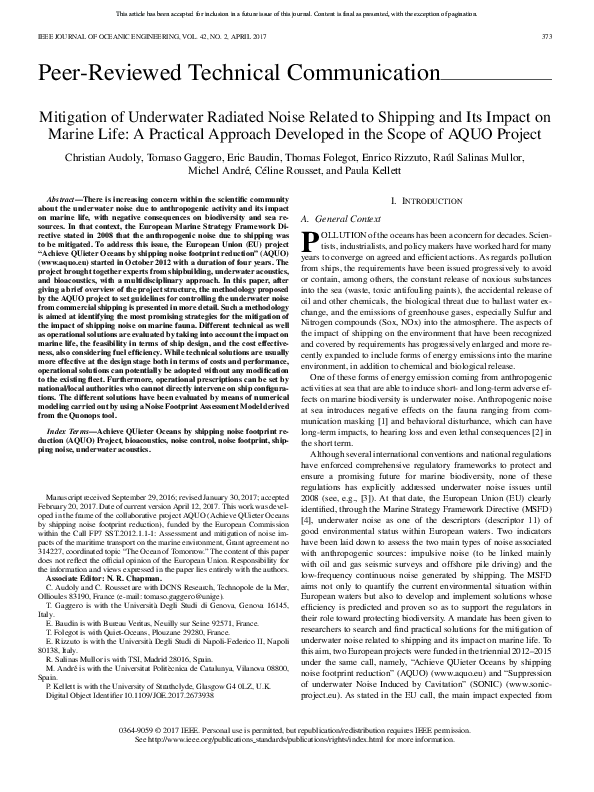 (PDF) Mitigation of Underwater Radiated Noise Related to Shipping and ...