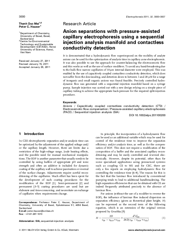 Pdf Anion Separations With Pressure Assisted Capillary Electrophoresis Using A Sequential