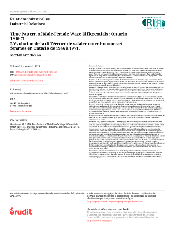 (PDF) Time Pattern of Male-Female Wage Differentials : Ontario 1946-71