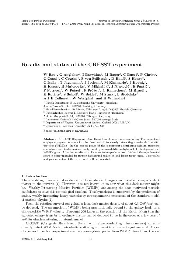 (PDF) Results and status of the CRESST experiment
