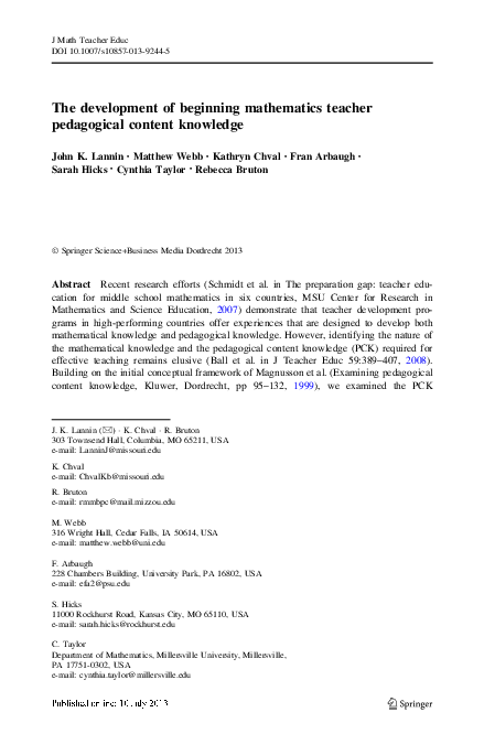(PDF) The development of beginning mathematics teacher pedagogical ...