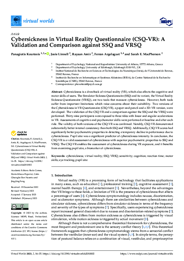 (PDF) Cybersickness in Virtual Reality Questionnaire (CSQ-VR): A Validation and Comparison ...