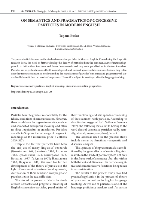(PDF) On Semantics and Pragmatics of Concessive Particles in Modern English