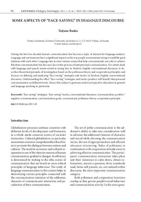 (PDF) Some Aspects of “Face-Saving” in Dialogue Discourse