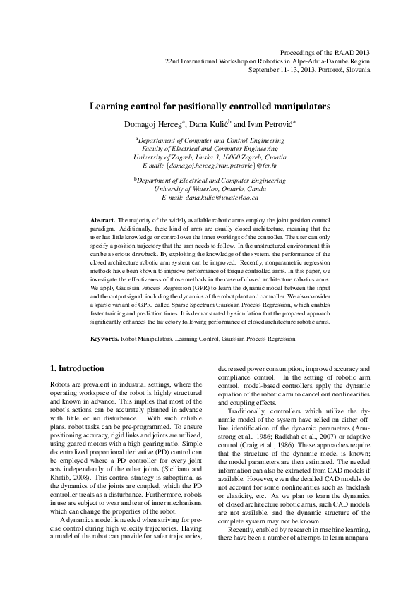(PDF) Learning control for positionally controlled manipulators