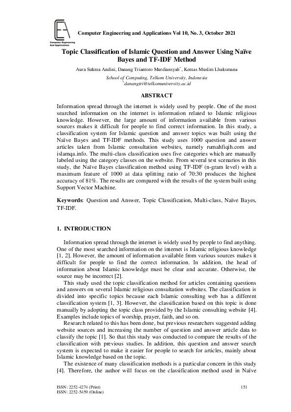 (PDF) Topic Classification of Islamic Question and Answer Using Naïve ...