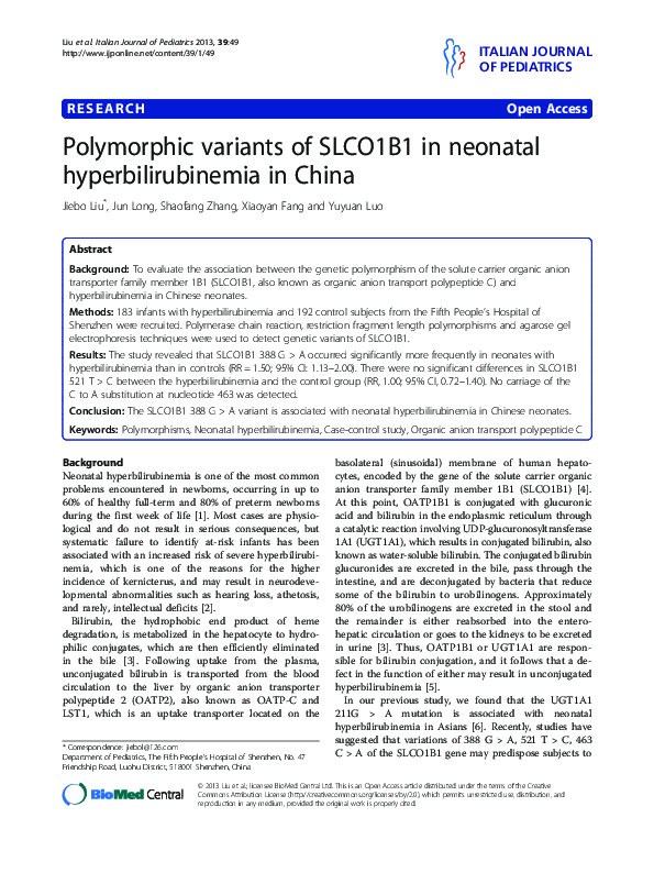 (PDF) Polymorphic variants of SLCO1B1 in neonatal hyperbilirubinemia in ...